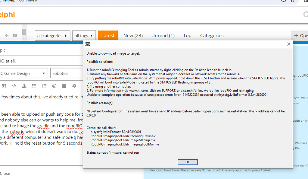 Cant Upload Code Reimage Or Do Anything Control System Chief Delphi