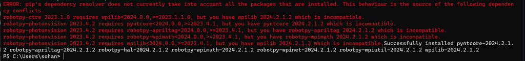 Getting An Error To Downgrade My Wpi Libraries In Order To Install Photonvision Python Chief 